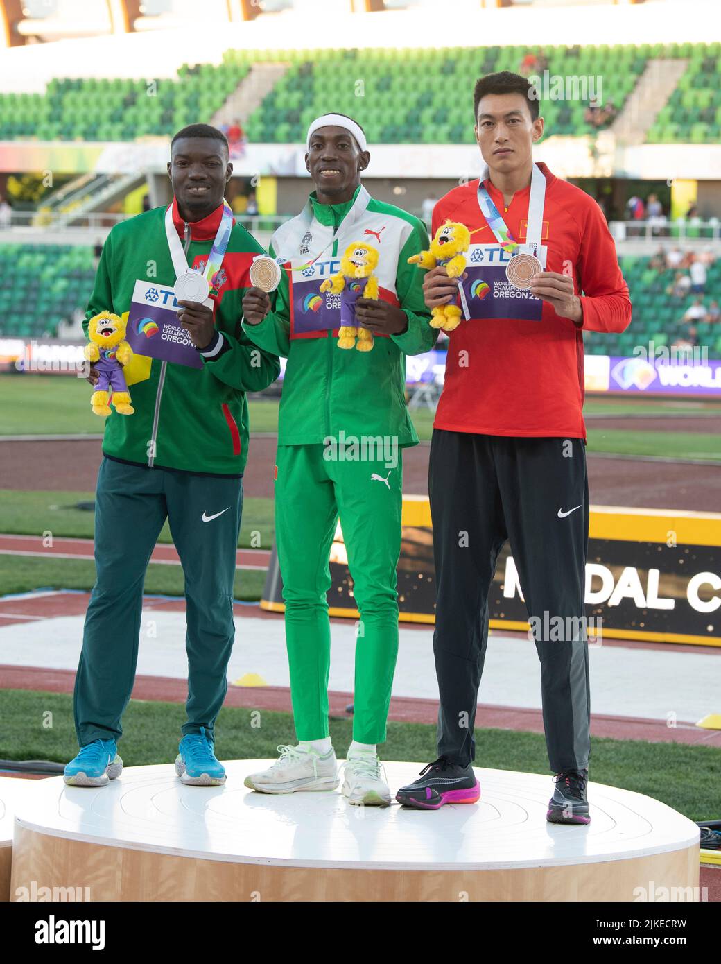Hugues Fabrice Zango (BUR) Silver, Pedro Pichardo (POR) Gold and Yaming Zhu (CHN) Bronze medal ...