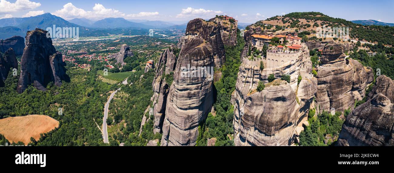 breathtaking panorama of the famous Meteora complex, town Kalambaka ...