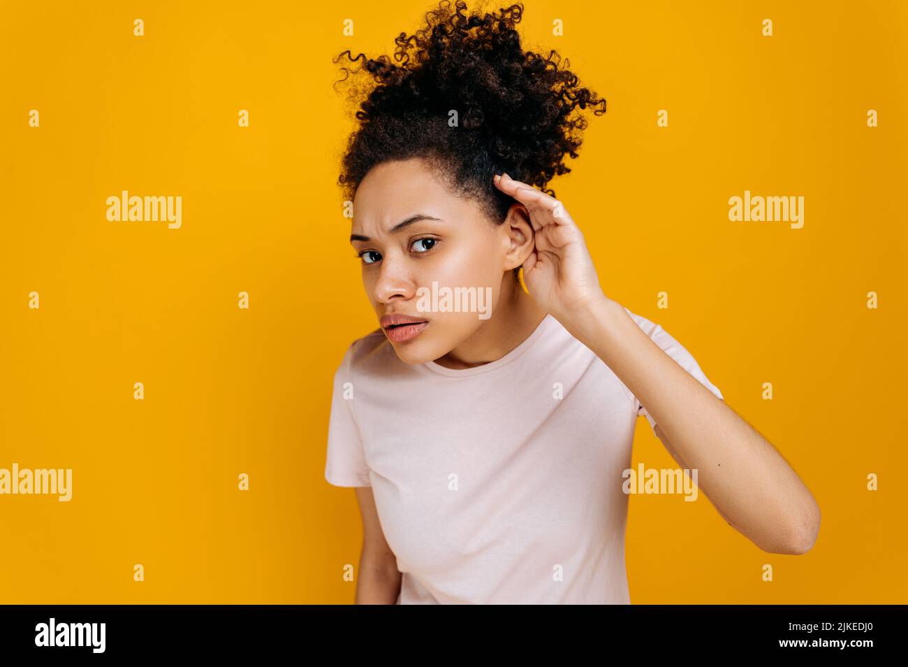 Deafness Gossip Concept African American Young Curly Haired Woman