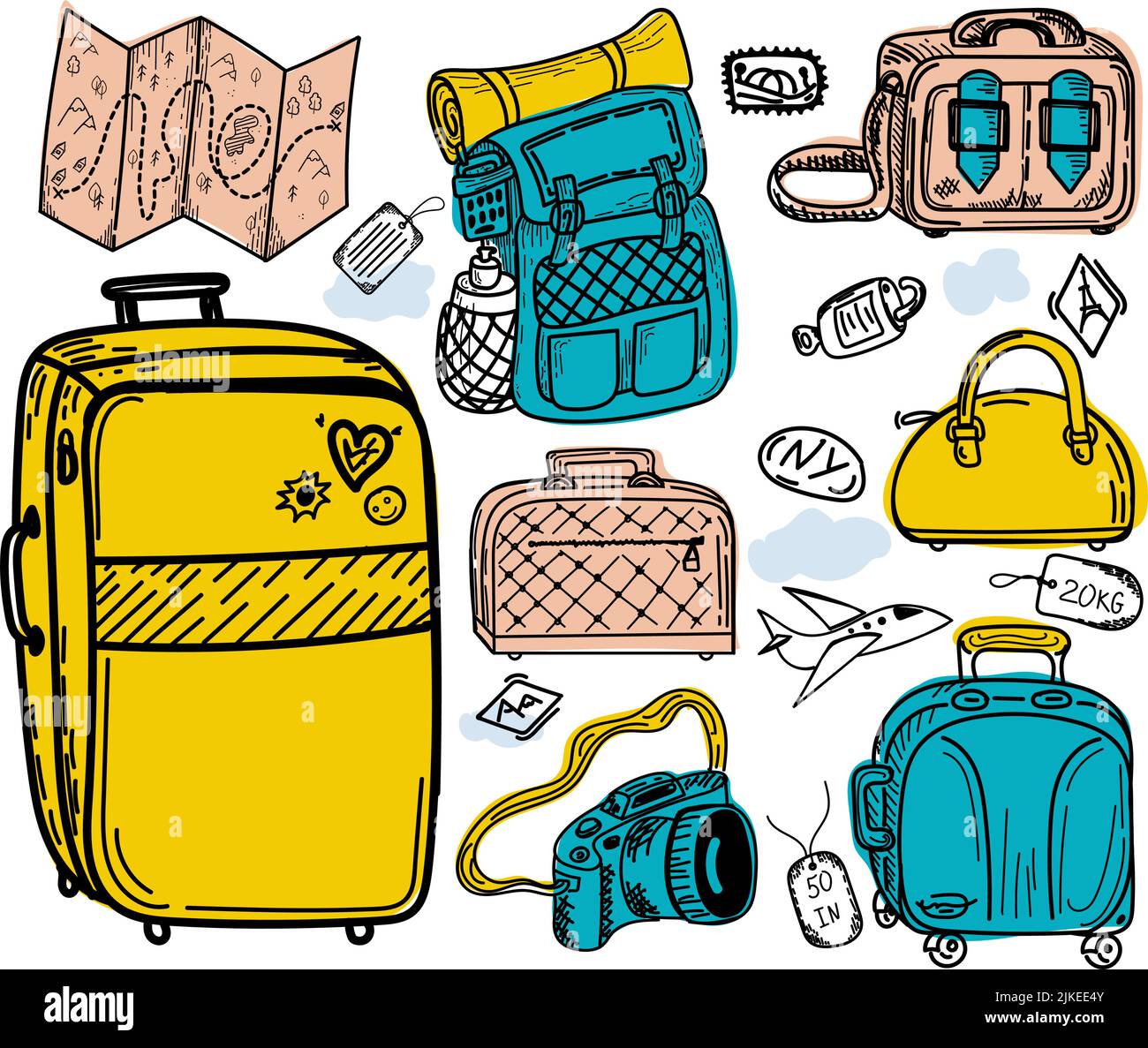 Set of different types of luggage, hand-drawn in sketch style. Vector ...