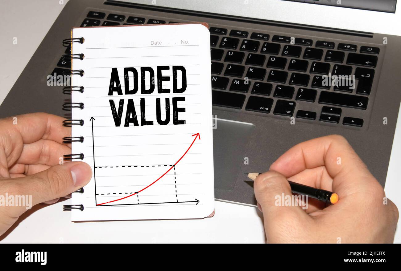 Closeup on businessman holding a card with ADDED VALUE rising arrow and ...