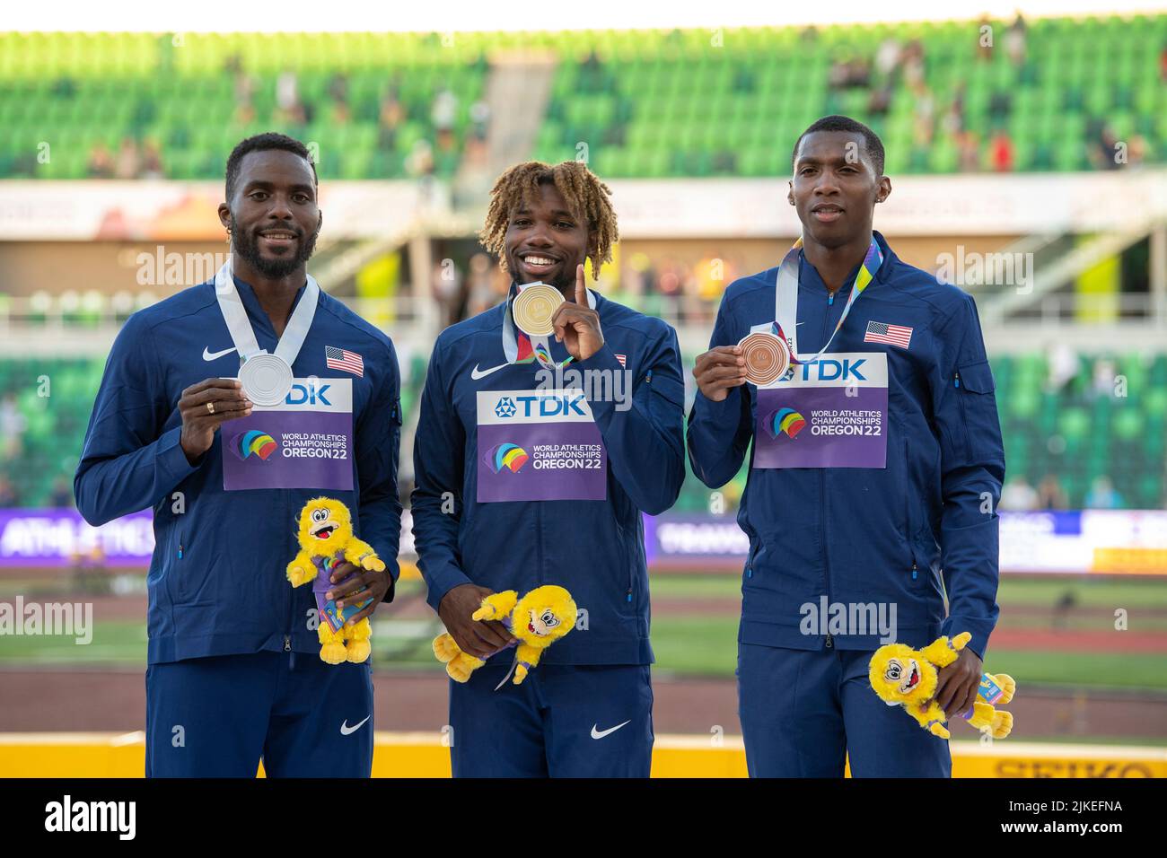 Kenneth Bednarek Silver, Noah Lyles Gold and Erriyon Knighton Bronze (USA) medal presentation ...