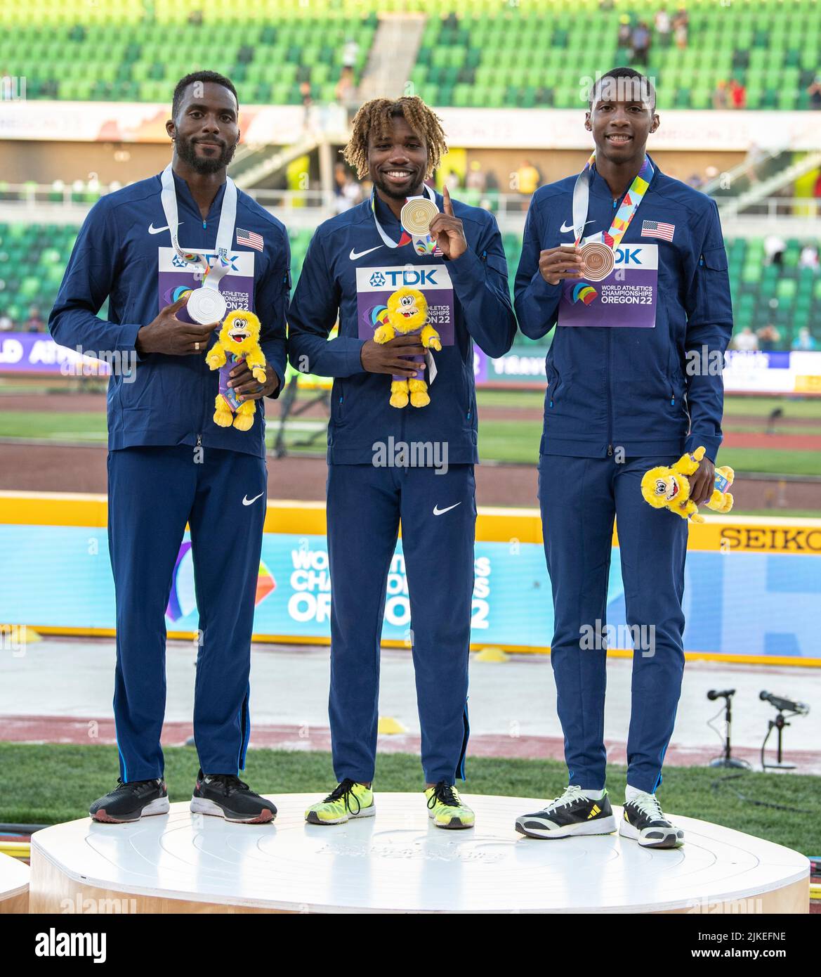 Kenneth Bednarek Silver, Noah Lyles Gold and Erriyon Knighton Bronze (USA) medal presentation ...