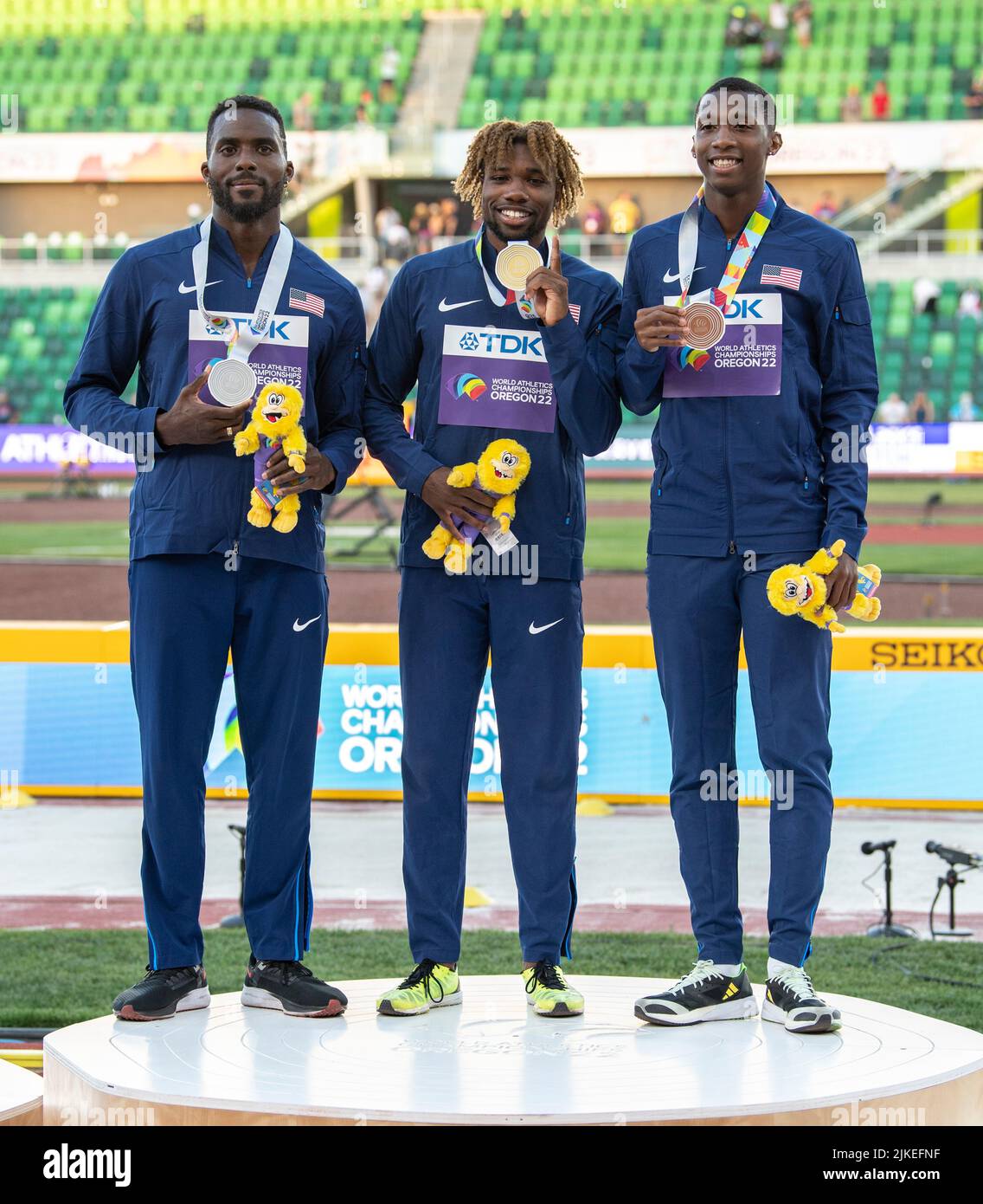 Kenneth Bednarek Silver, Noah Lyles Gold and Erriyon Knighton Bronze (USA) medal presentation ...