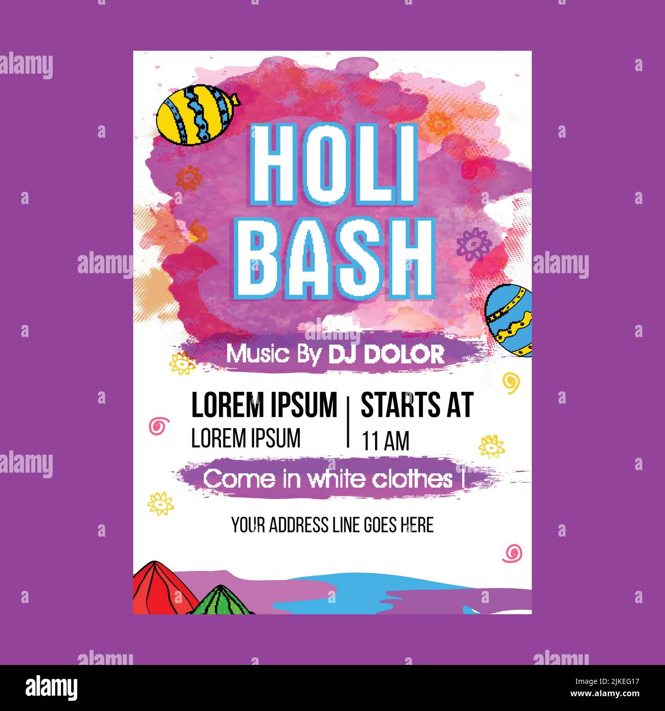 Holi Bash Flyer Design With Balloons And Watercolor Effect On White ...