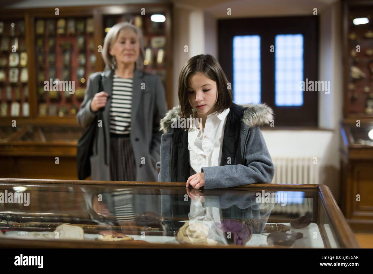 Positive tween girl observing with interest exhibition in art gallery ...