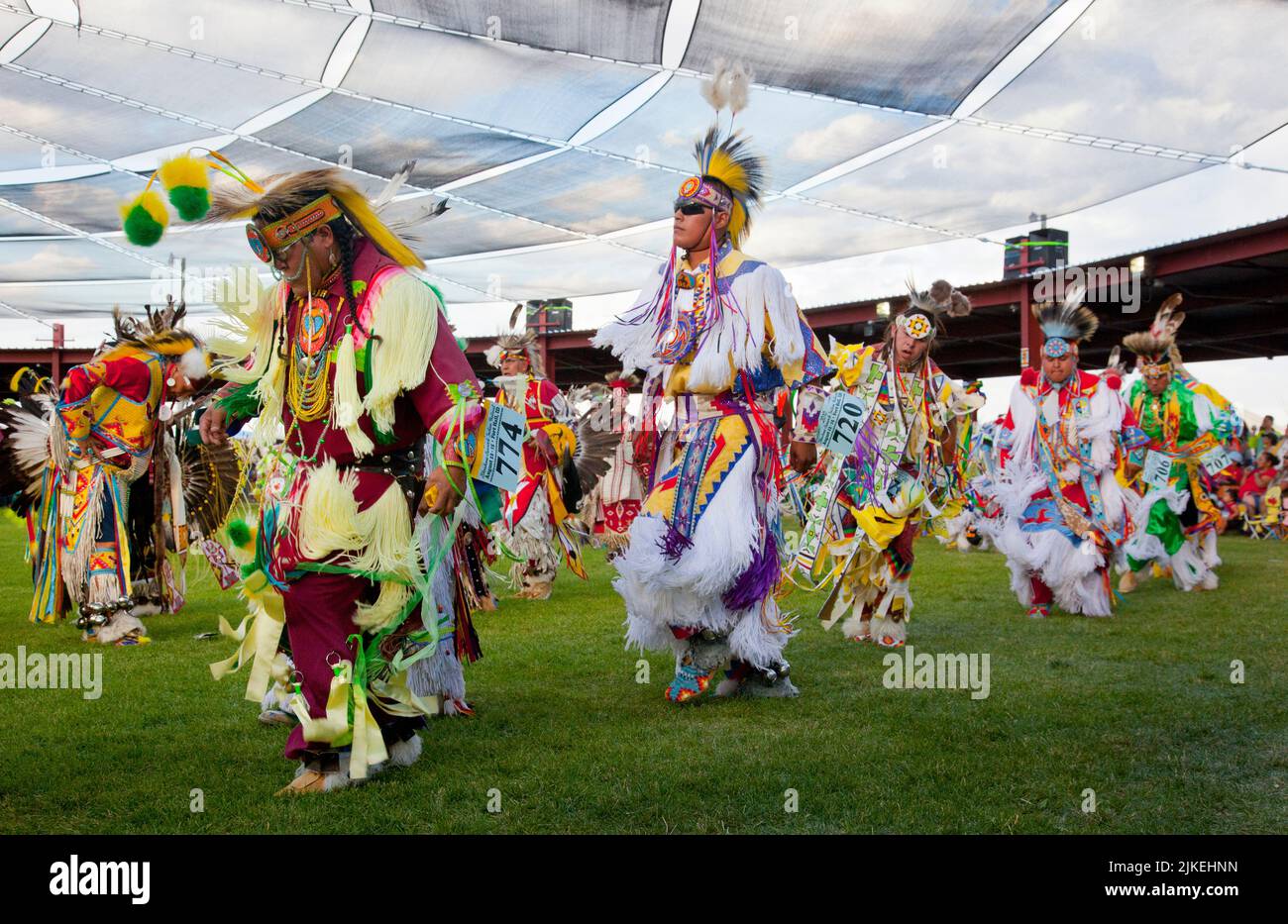 Group of adult men dressed in traditional grass dancer outfits at the ...