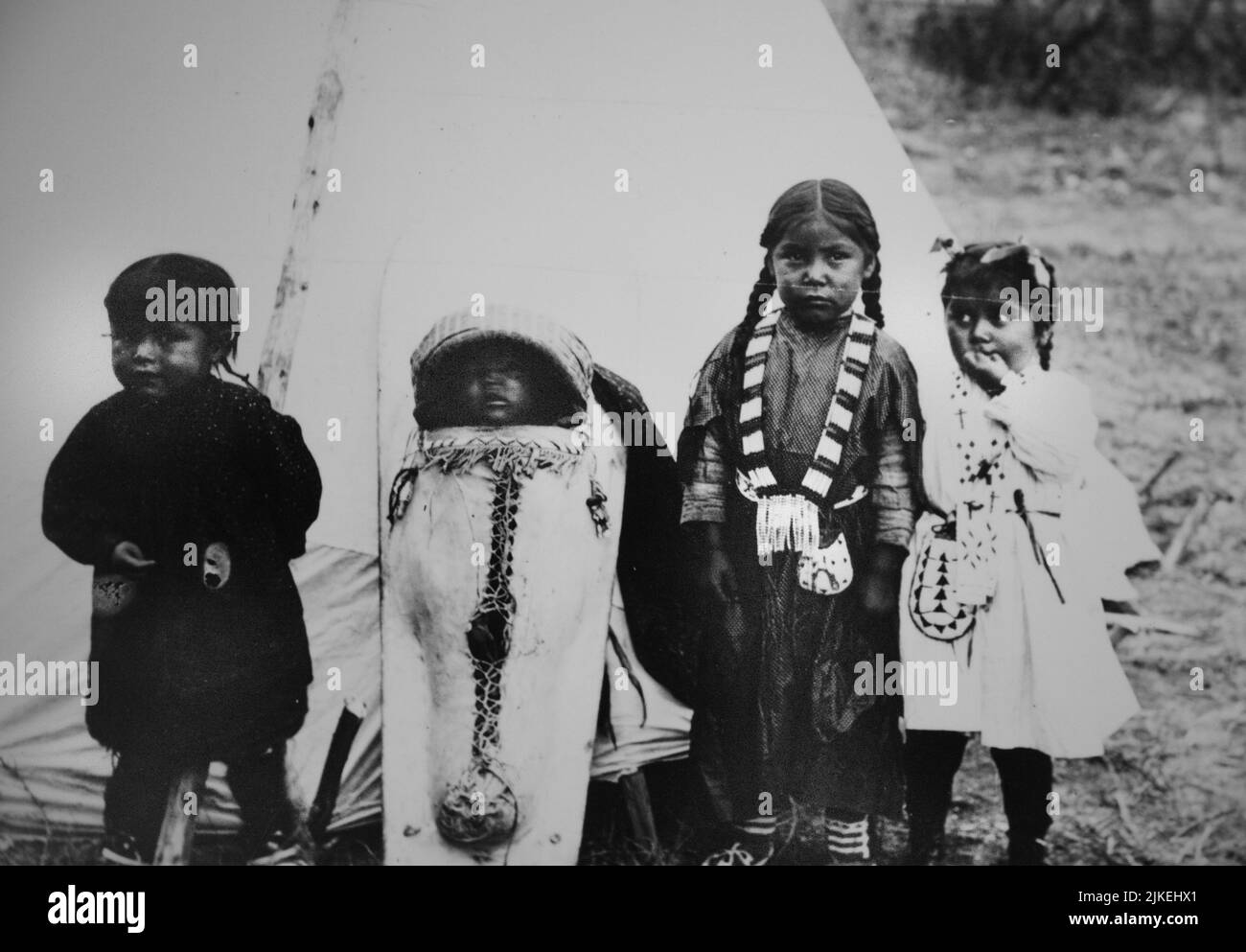 Historic black and white photograph of four Southern Ute children in ...