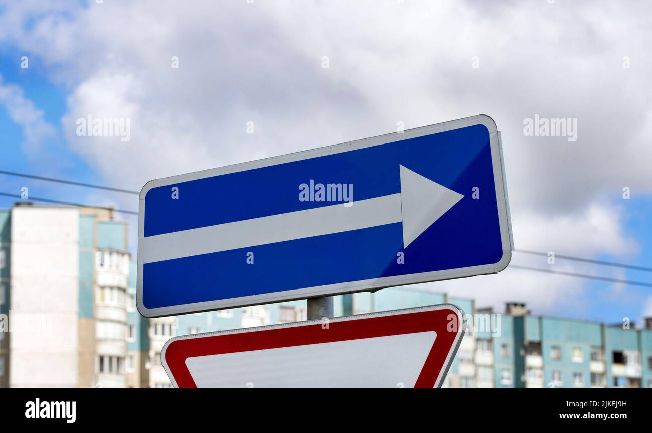 A road sign installed on the road to regulate traffic, a metal sign for ...