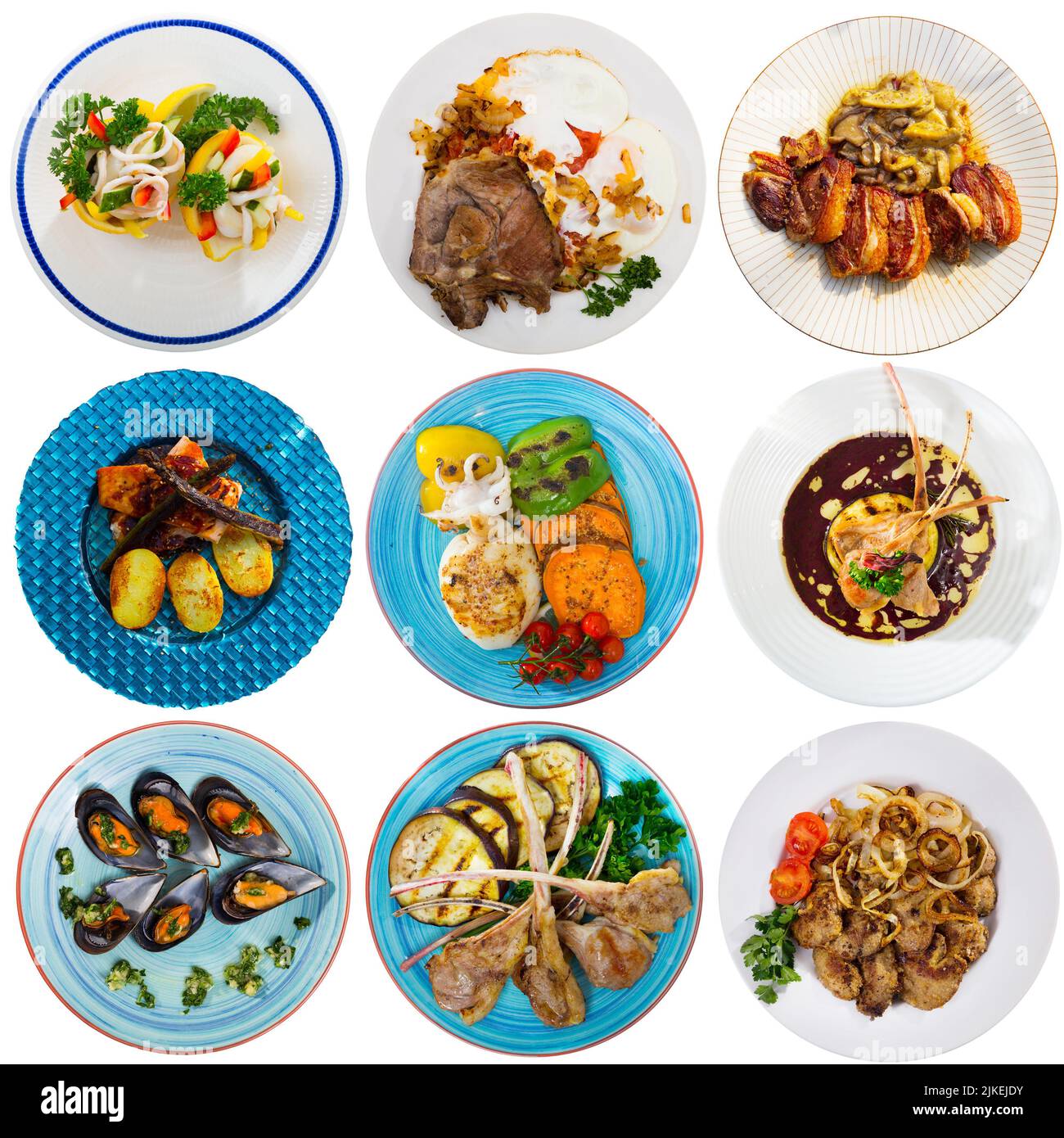 Collection of dishes on round plates Stock Photo - Alamy