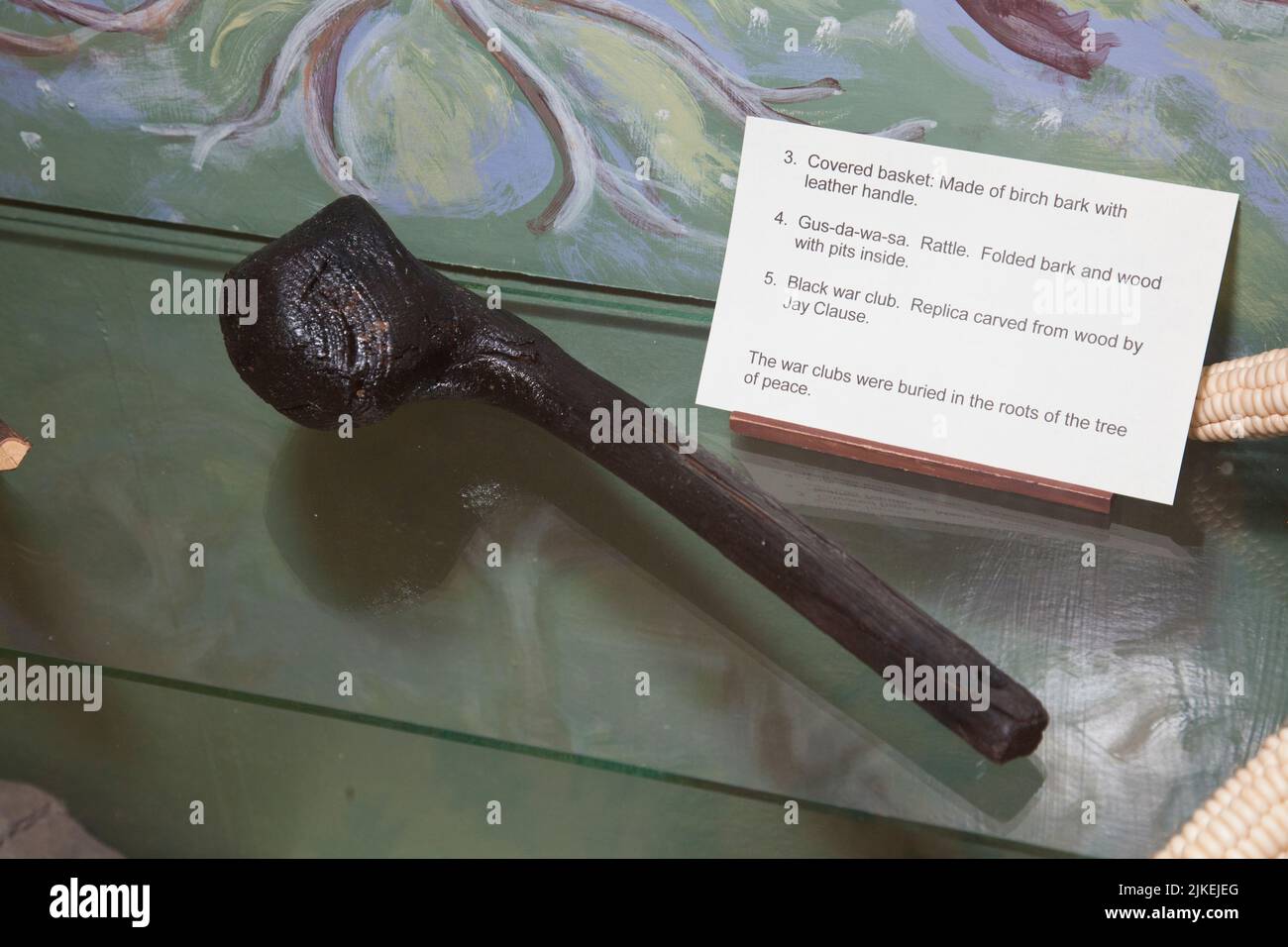 Replica carved wooden war club on display at the Tuscarora Indian ...