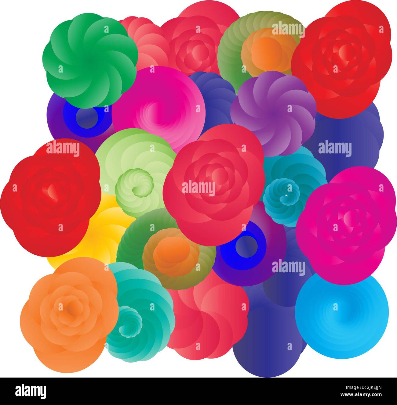 Vibrantly colored flowers, swirls and seashells collated together on a ...