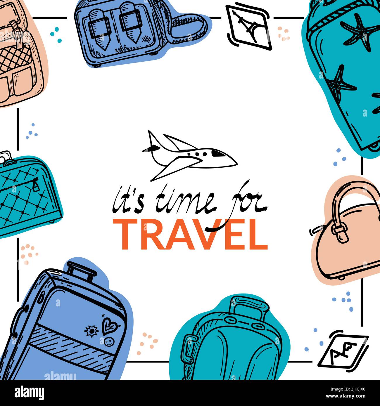 Travel advertising banner template. Hand-drawn suitcases, bags ...