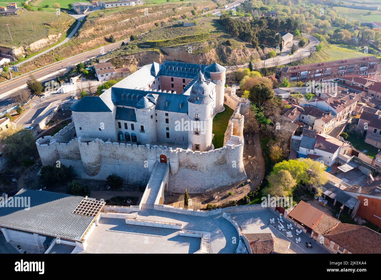 Aerial view of medieval castle in Spanish township of Simancas Stock ...
