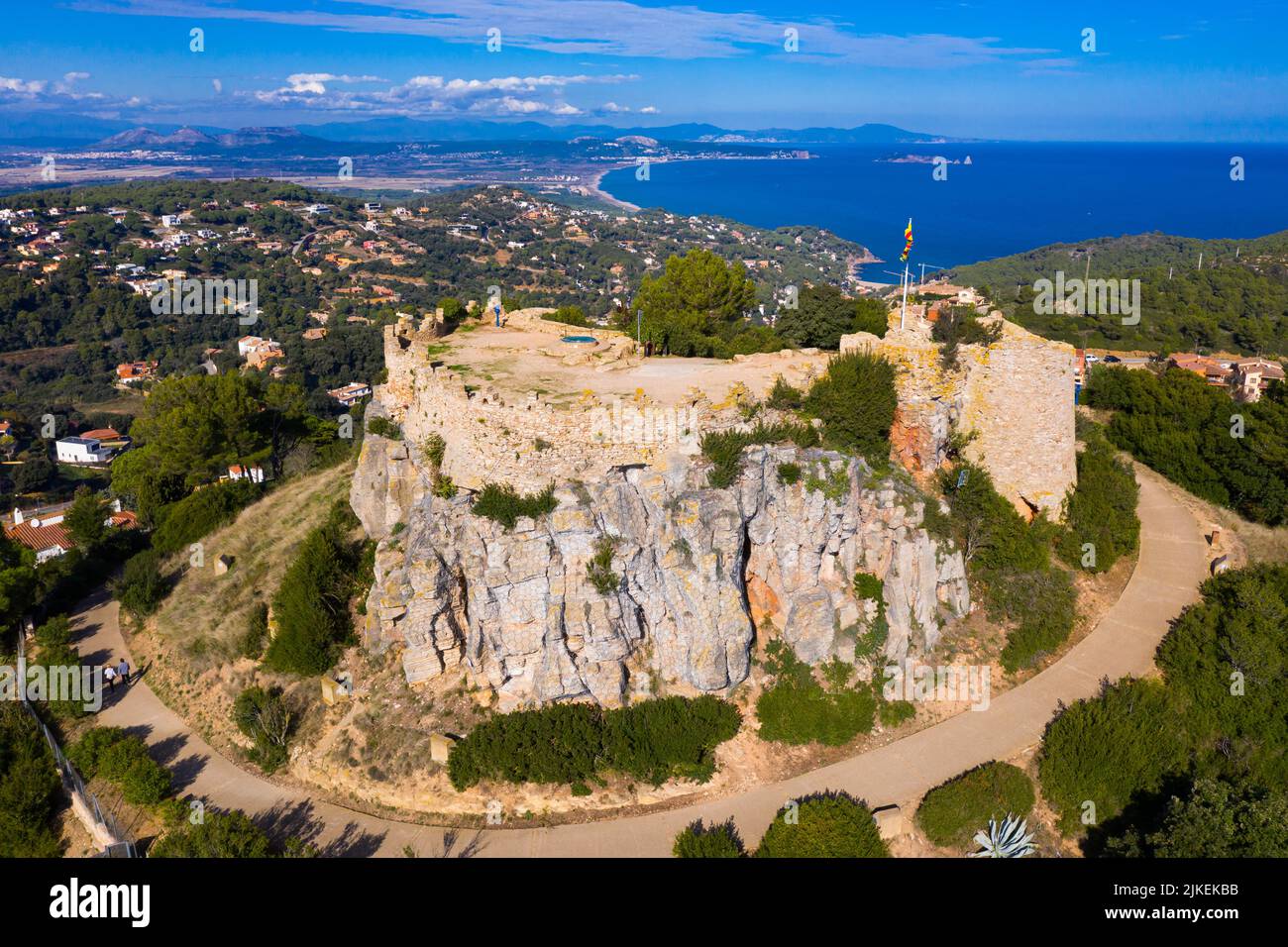 Bird's eye view of ruined rock fortress scenic view in Begur, Catalonia ...