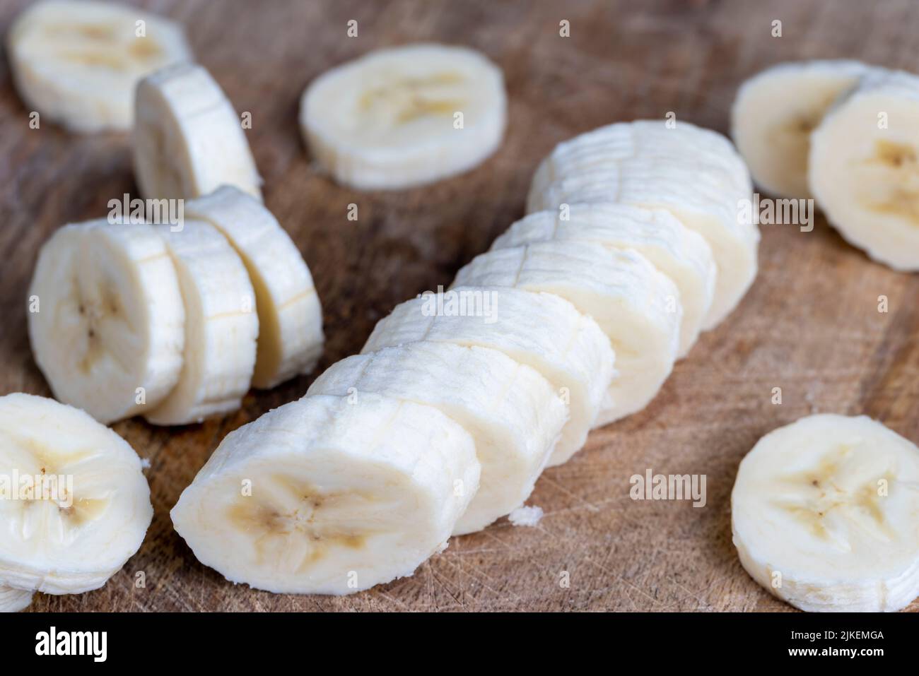 ripe yellow banana cut into pieces, food fruit banana divided into ...