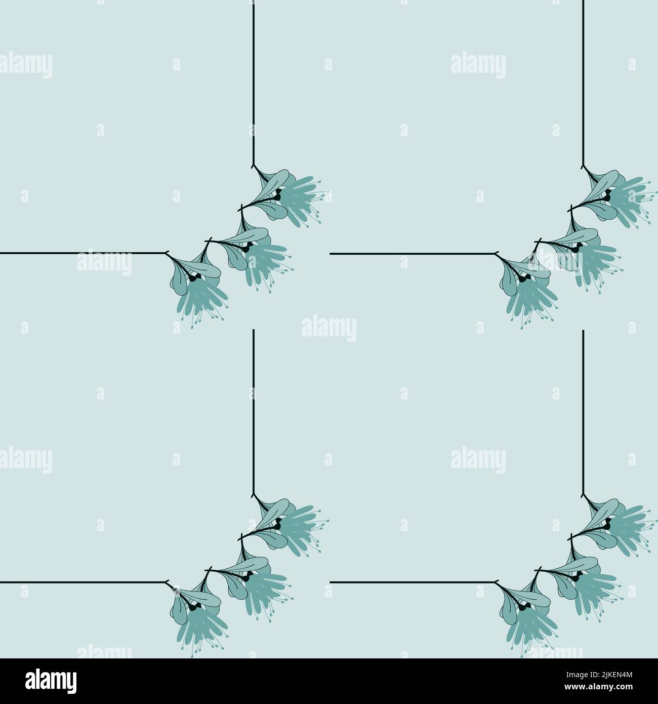 Simple repeat pattern of black squares with corner flowers in green ...