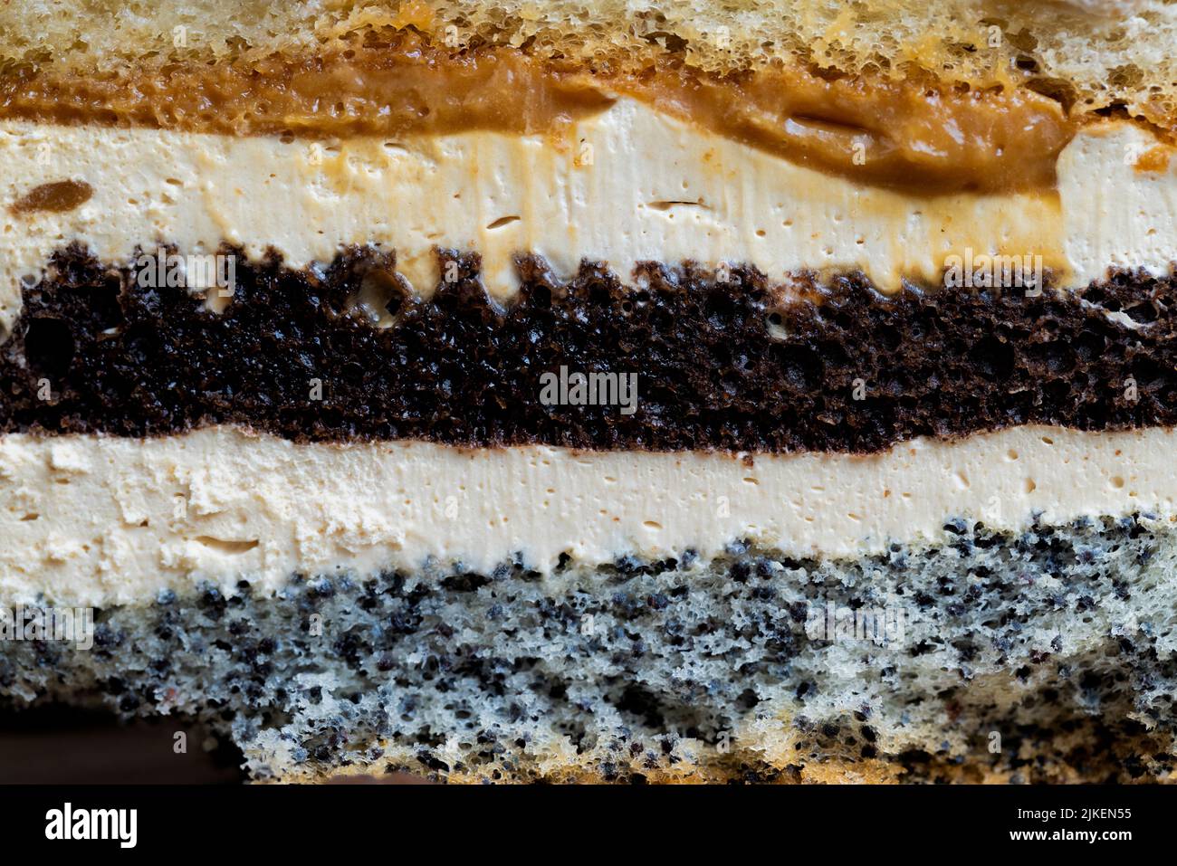 multi-layer cake with different layers, caramel, poppy seeds and cream ...