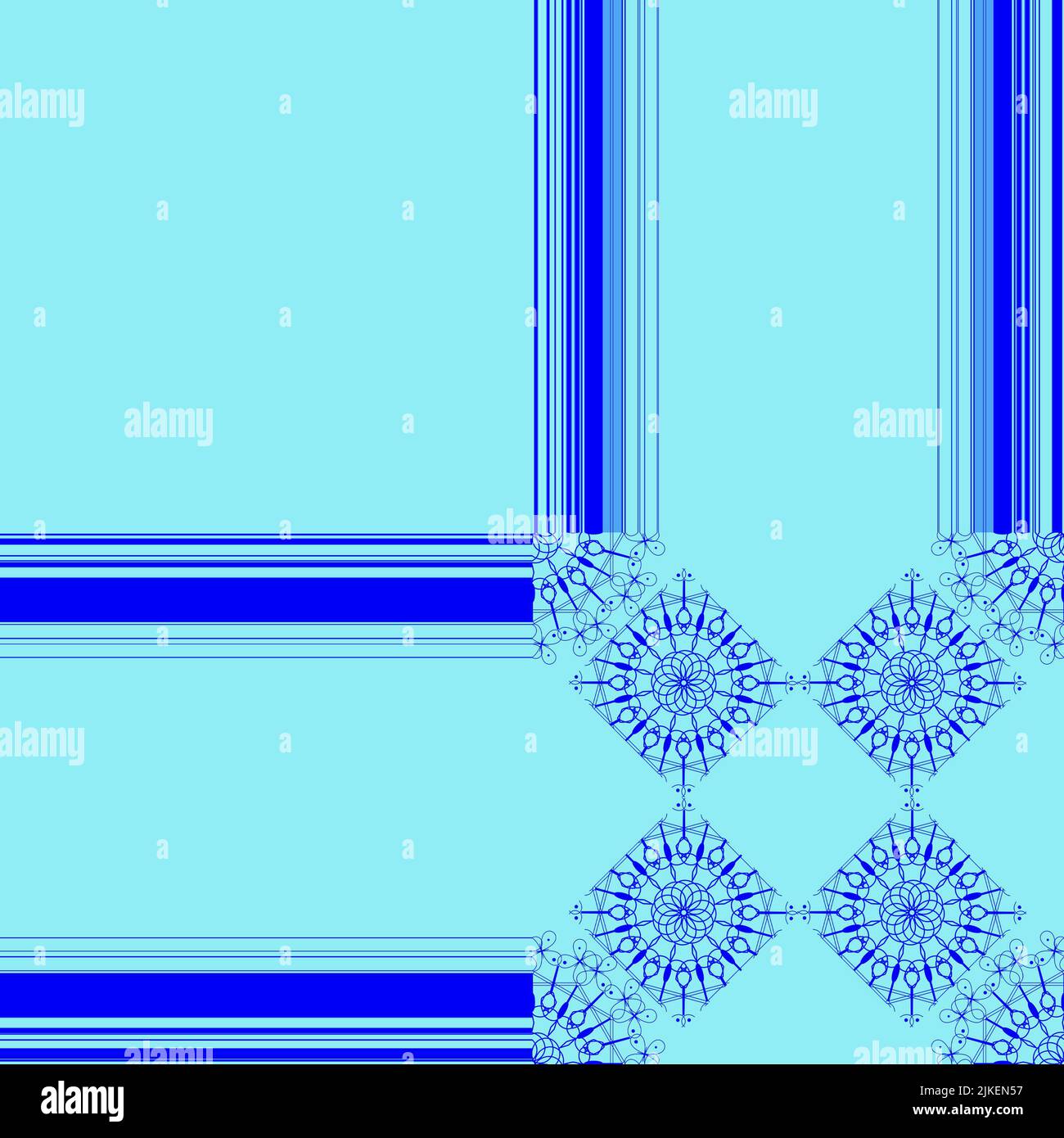 Close up of bold blue and pastel green stripes and squares with mandala ...