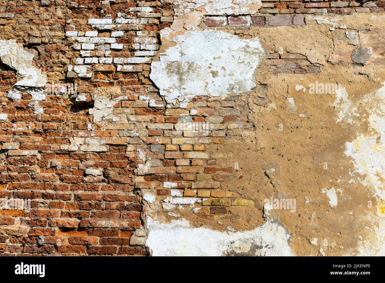 An old brick wall with various damages, the wall is old and made of ...