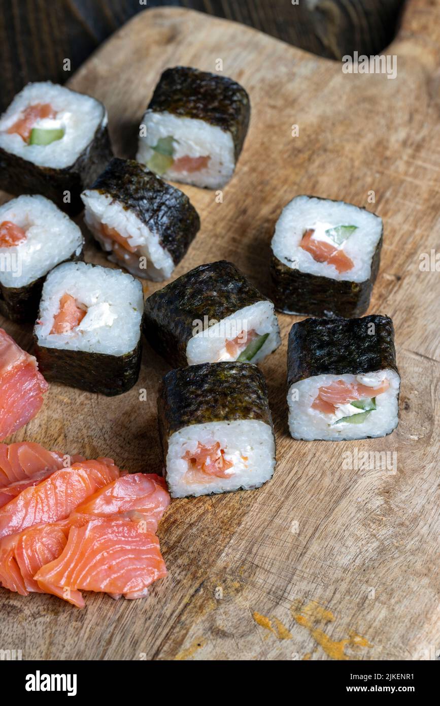 sushi with red salted fish and rice, Asian cuisine sushi of red raw ...