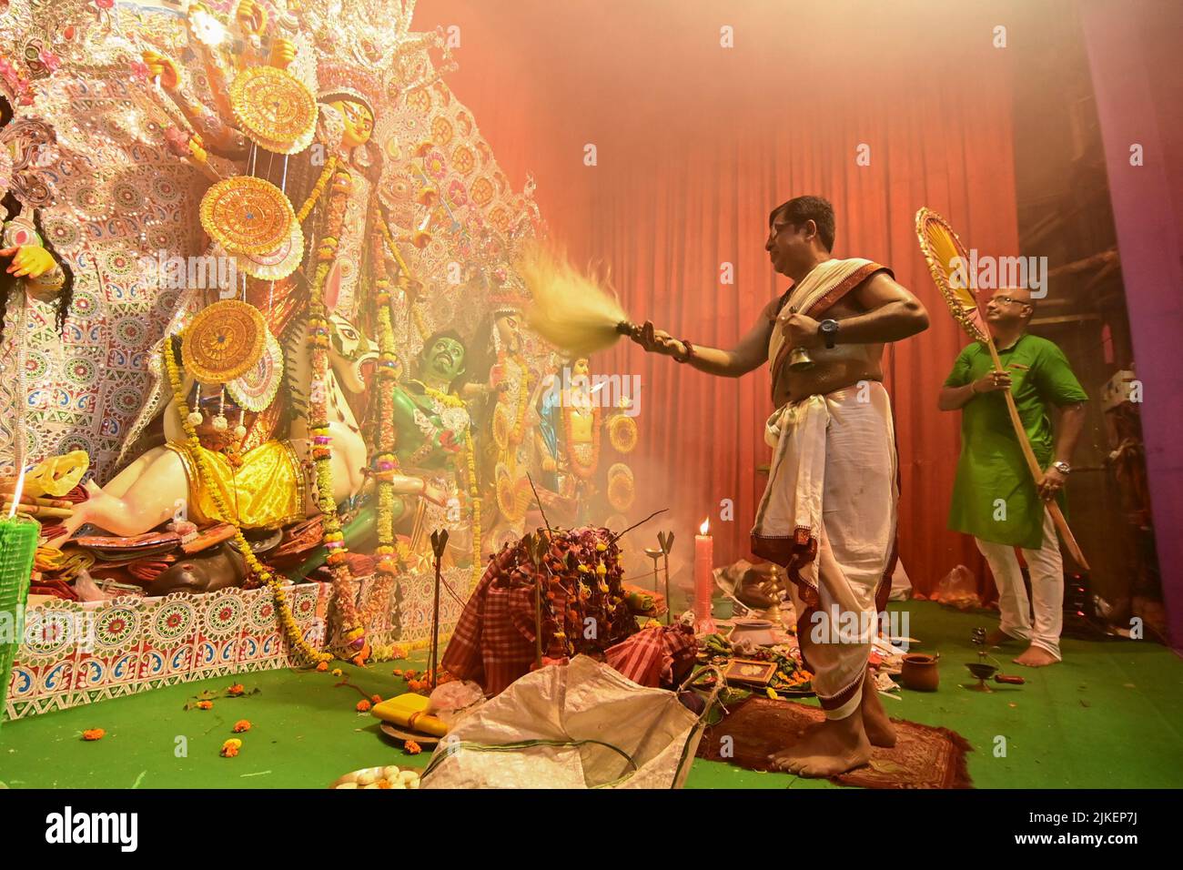 Howrah,India -October 13, 2021 : Hindu Priests worshipping Goddess ...