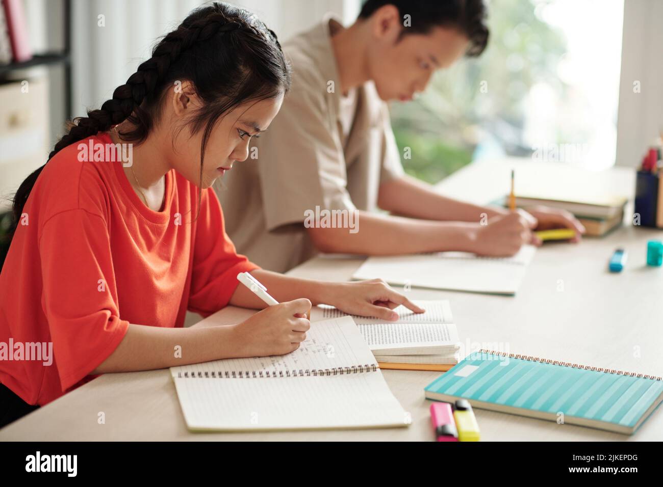 Concentrated schoolgirl reading novel and writing synopsis in copybook ...
