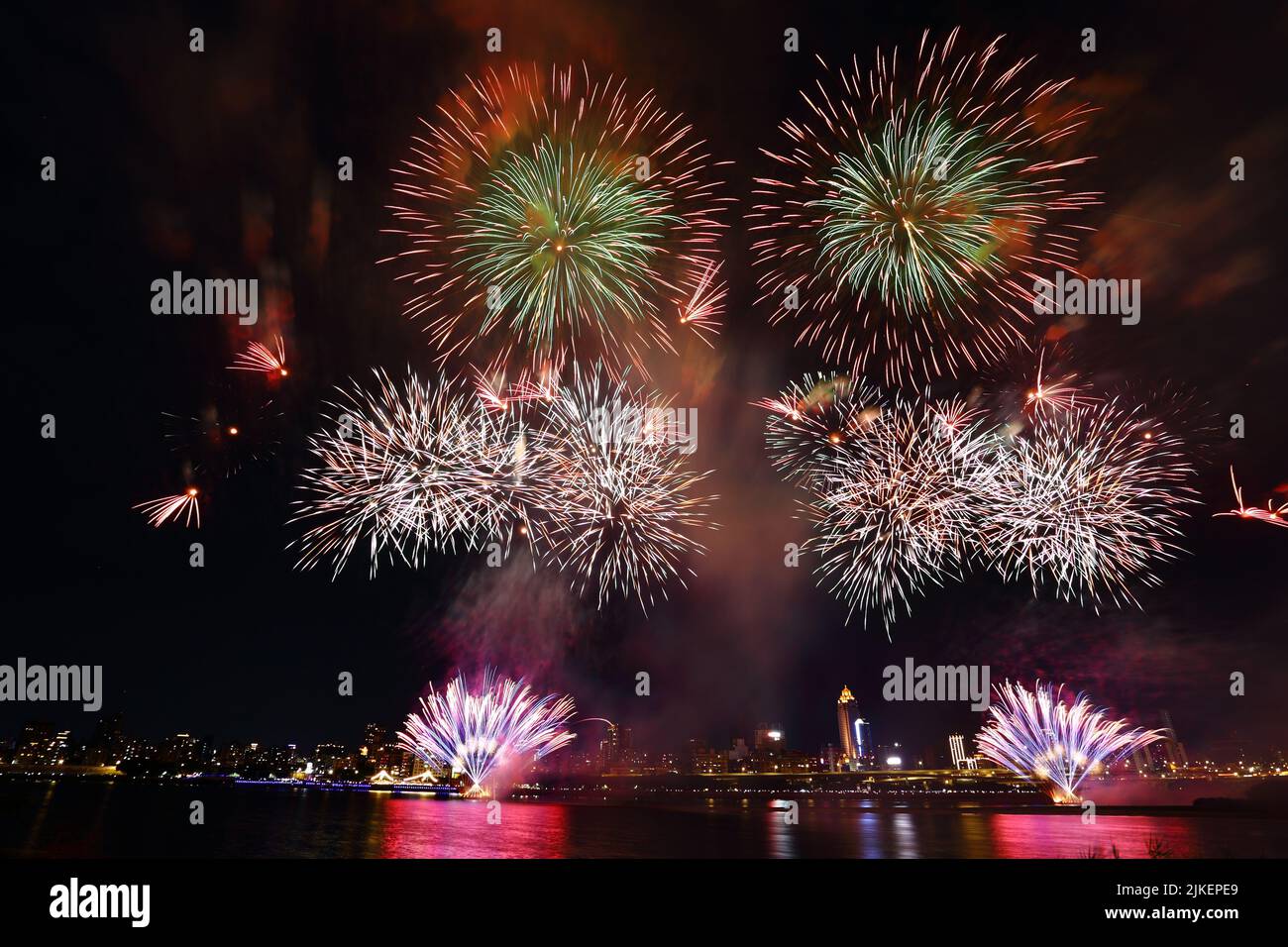 The famous beautiful Dadaocheng fireworks show at night in Taipei ...