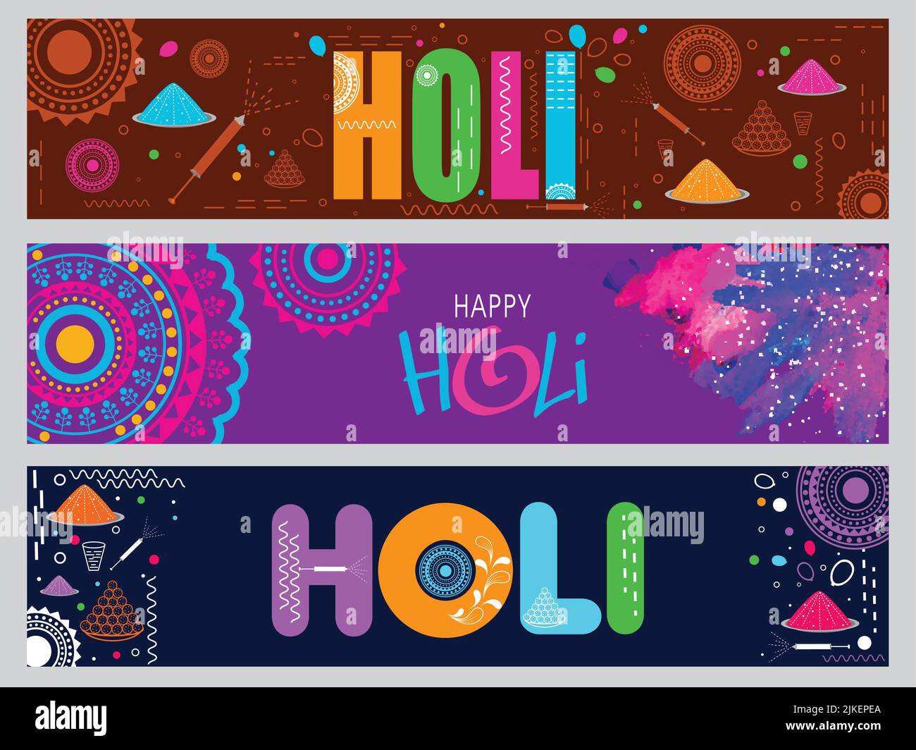 Holi Celebration Banner Or Header Design In Three Color Options Stock ...