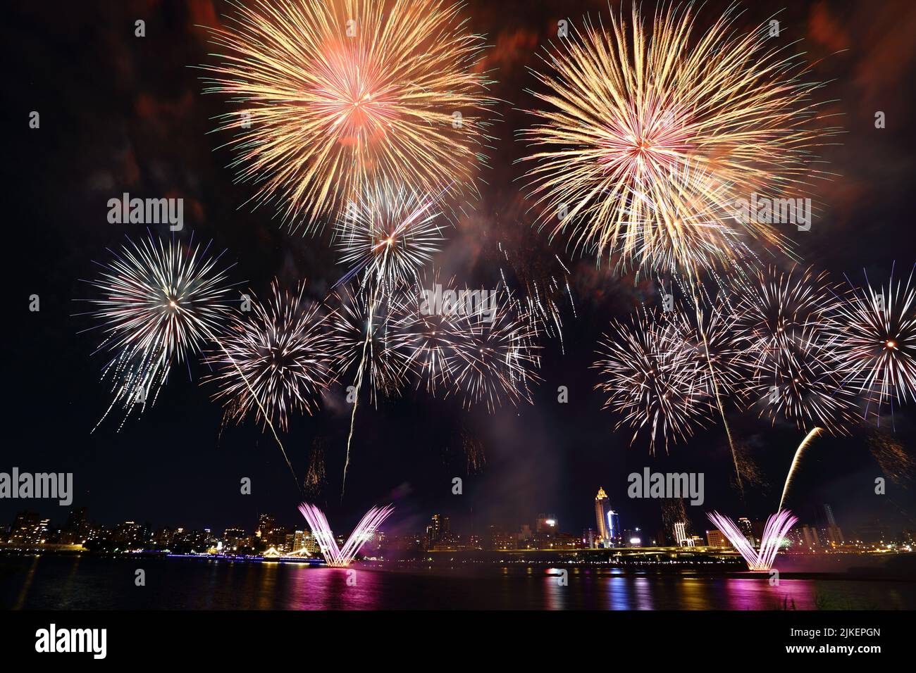 The famous beautiful Dadaocheng fireworks show at night in Taipei ...