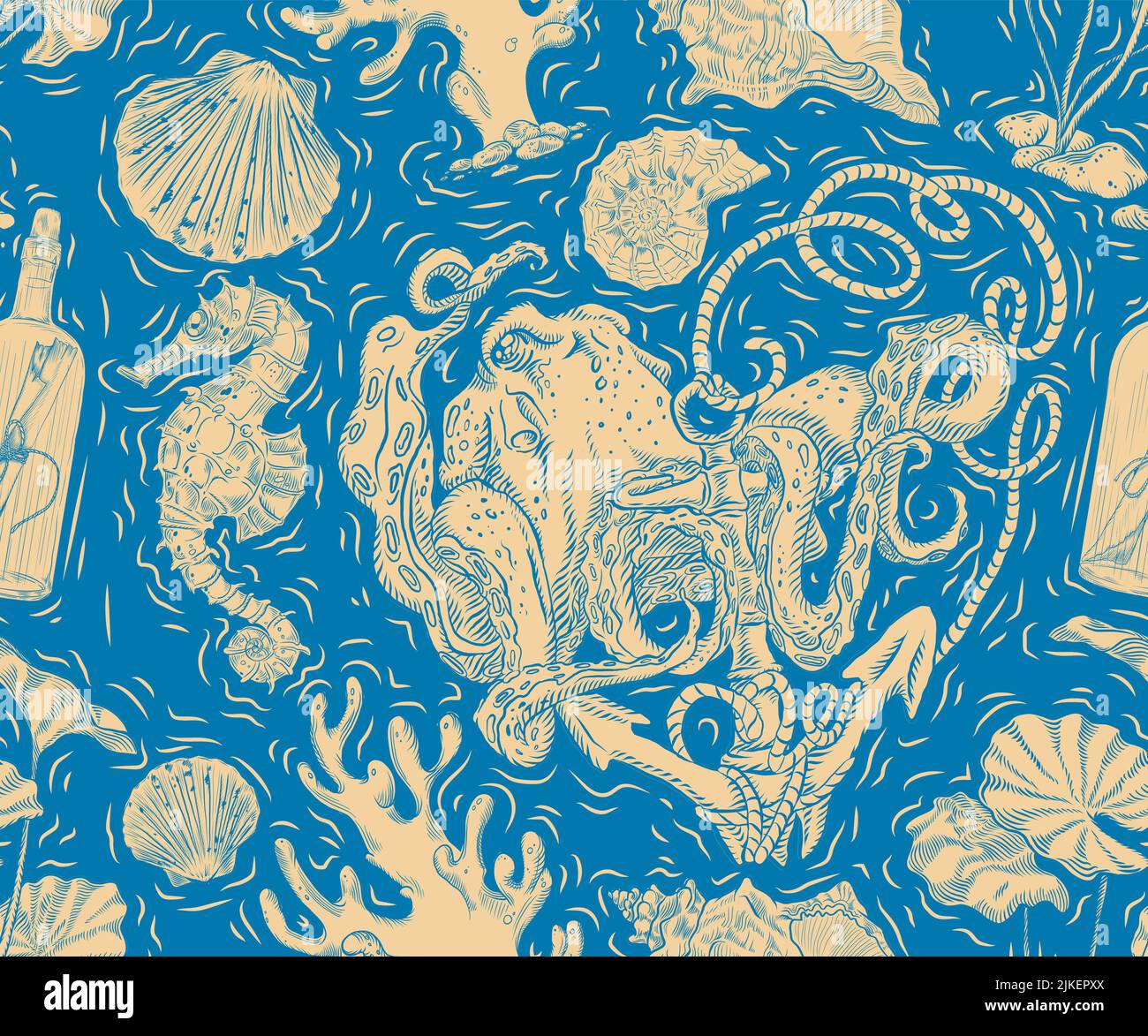 Vector abstract seamless pattern on the marine theme, adventure, the ...