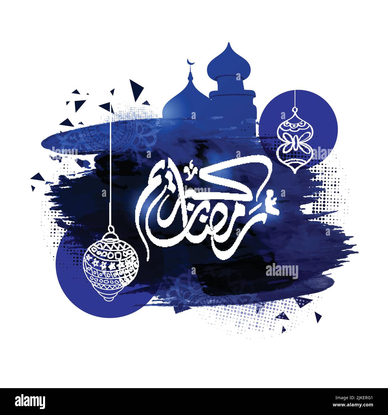 Arabic Calligraphy Of Ramadan Kareem With Blue Brush Effect Mosque And ...