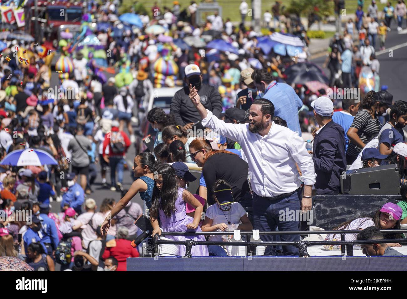Mayor of San Salvador Mario Duran gestures while riding a cart during a ...