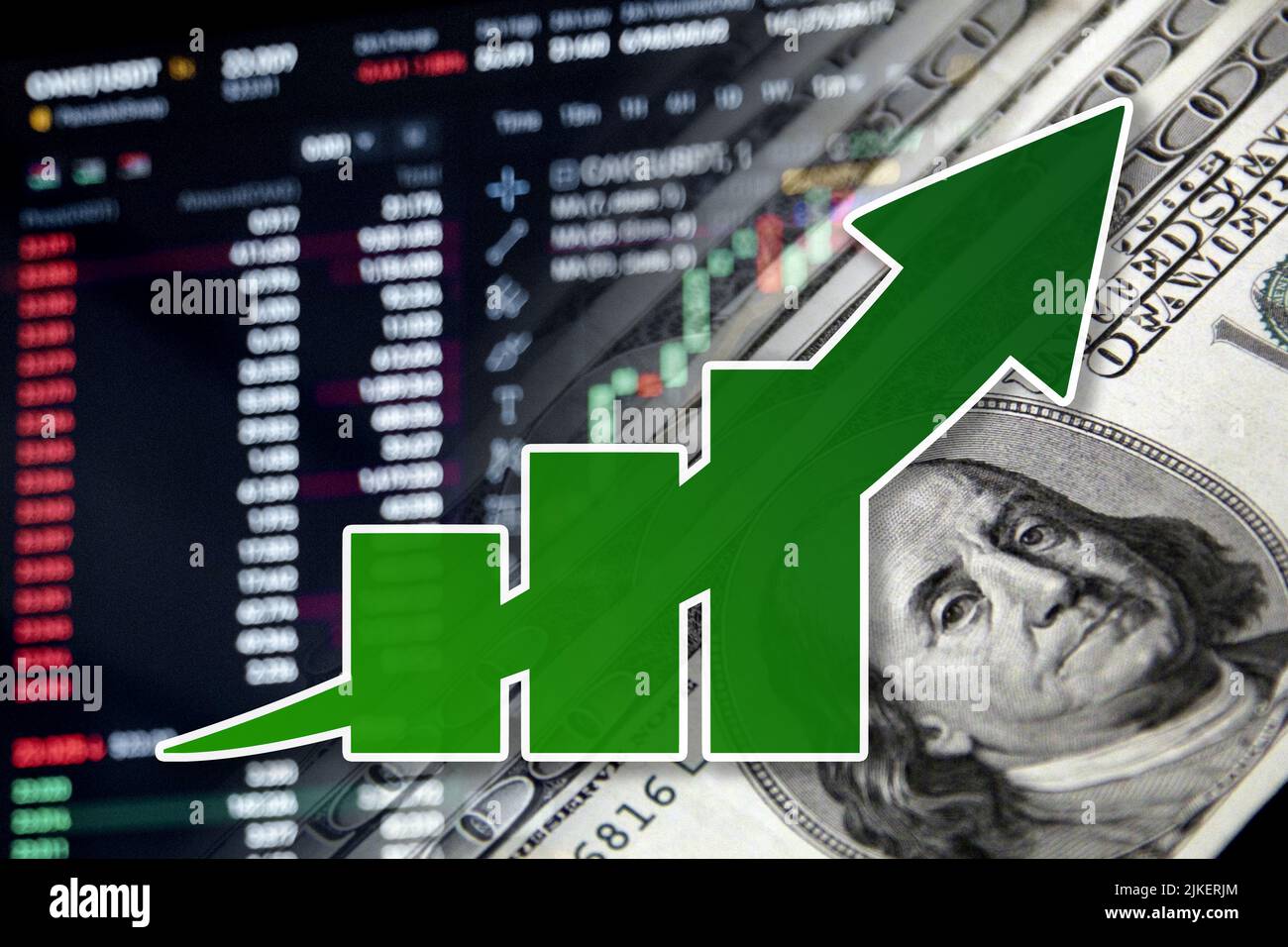 Economy graph: rising arrow, cash dollars and stock market indicators ...