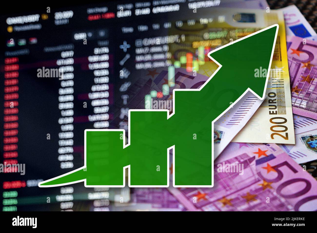 Economy graph: rising arrow, cash euro banknotes and stock market ...