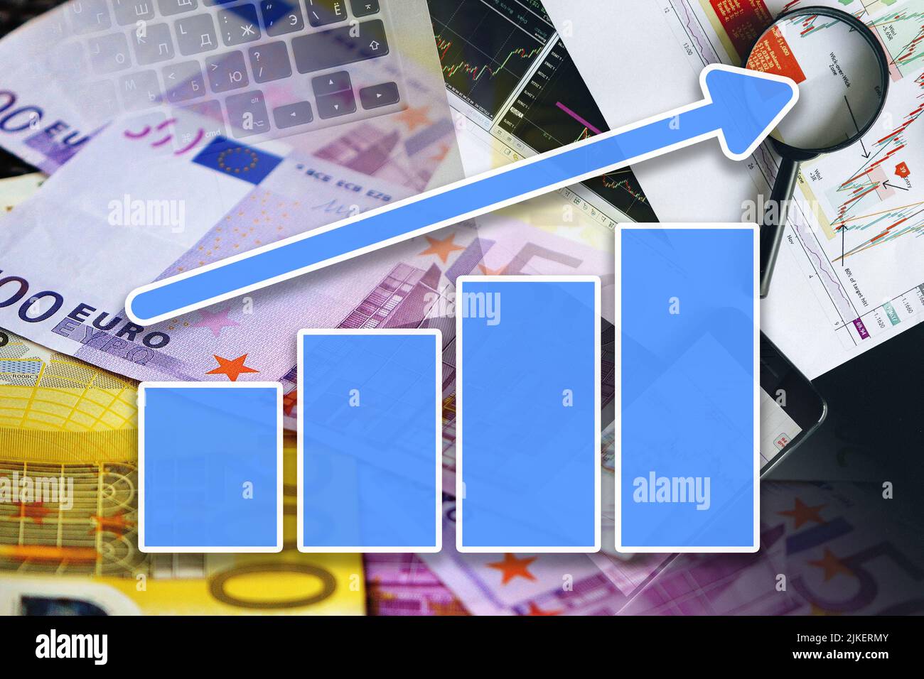 Economy graph: rising arrow, cash euro banknotes and stock market ...