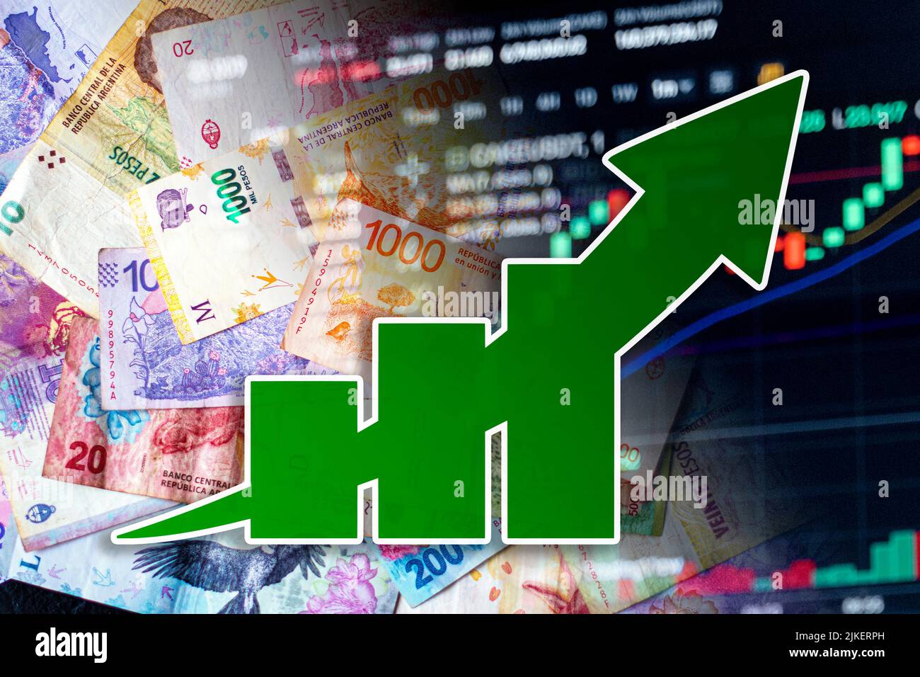 Economy graph: rising arrow, Argentine pesos in cash and stock market ...