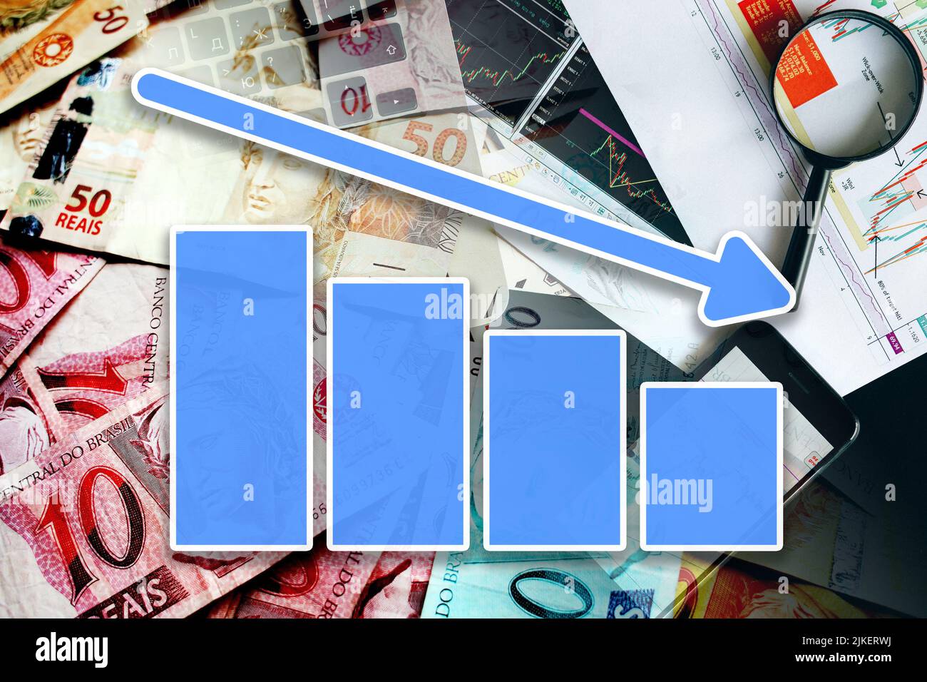 Economy graph - down arrow, Brazilian reals in cash and stock market ...