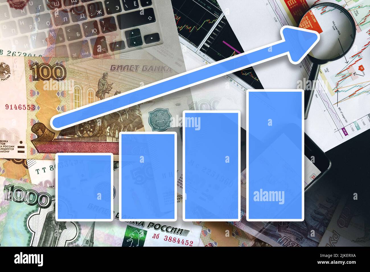 Economy graph: rising arrow, cash Russian rubles and stock market ...