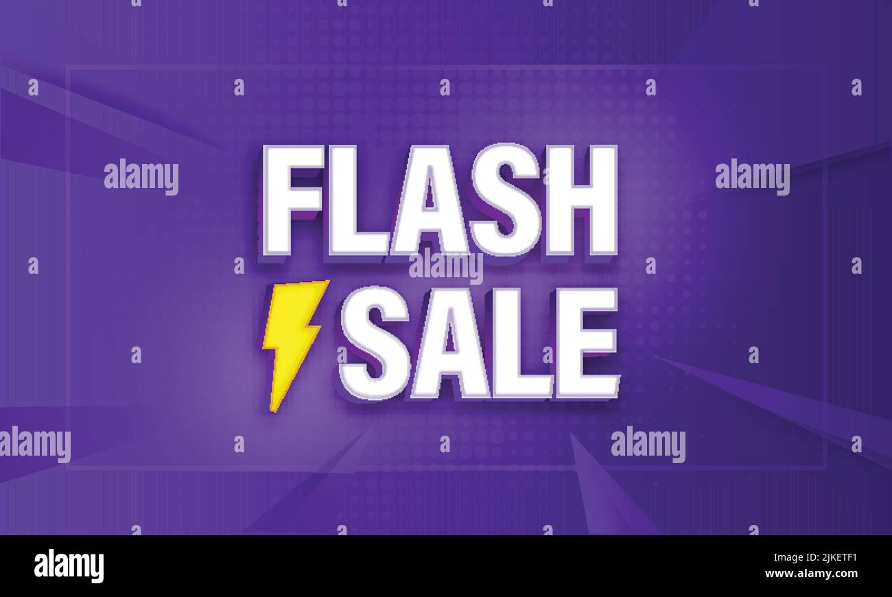 3D Flash Sale Text With Lightning Bolt On Purple Halftone Rays ...