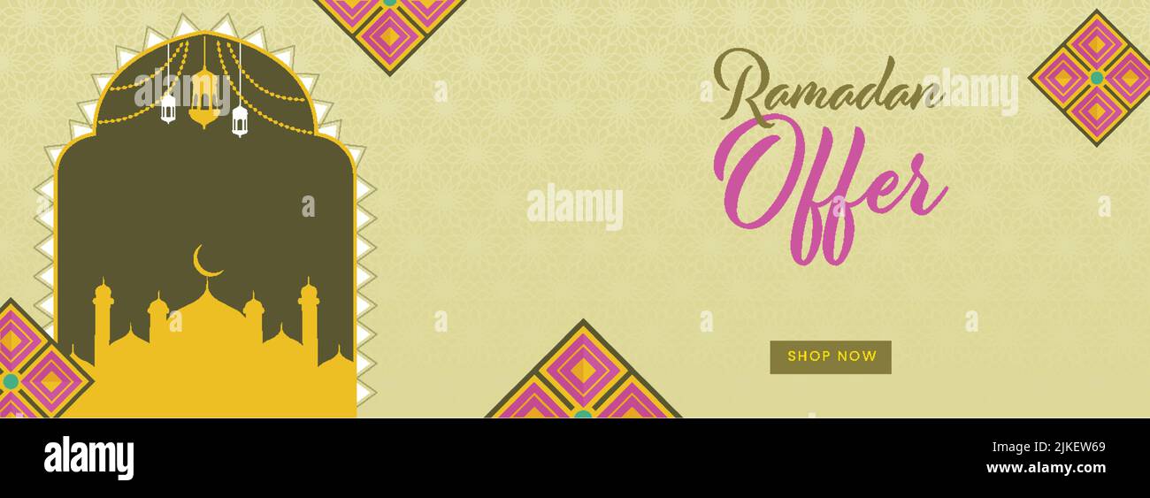 Ramadan Offer Banner Or Header Design With Silhouette Mosque, Lanterns ...