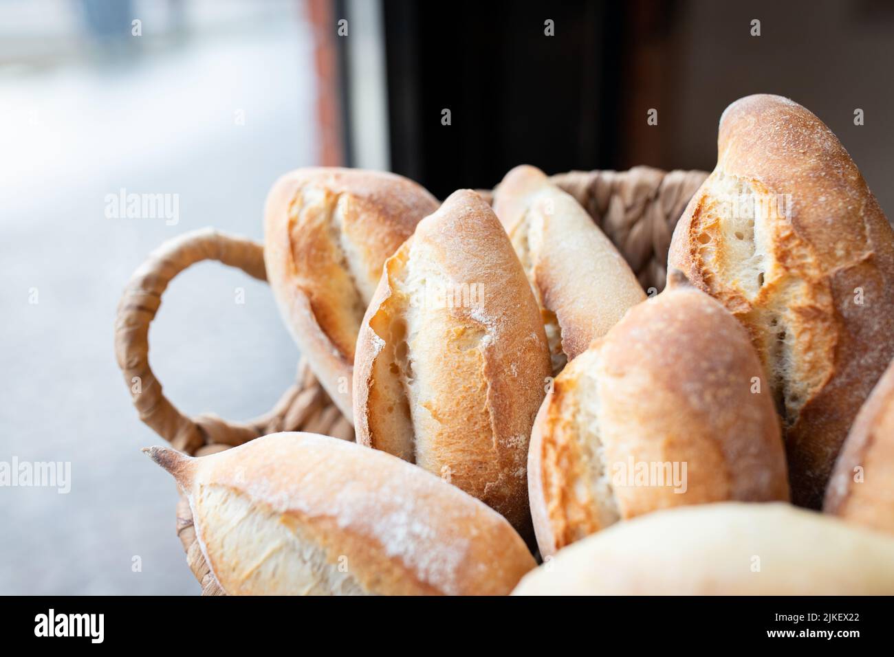 Ready-made La Ciriola romana bread on the counter at the artisan bakery ...