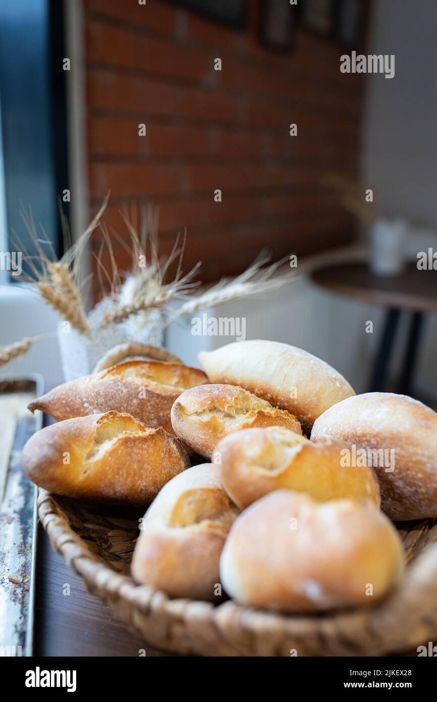 Ready-made La Ciriola romana bread on the counter at the artisan bakery ...