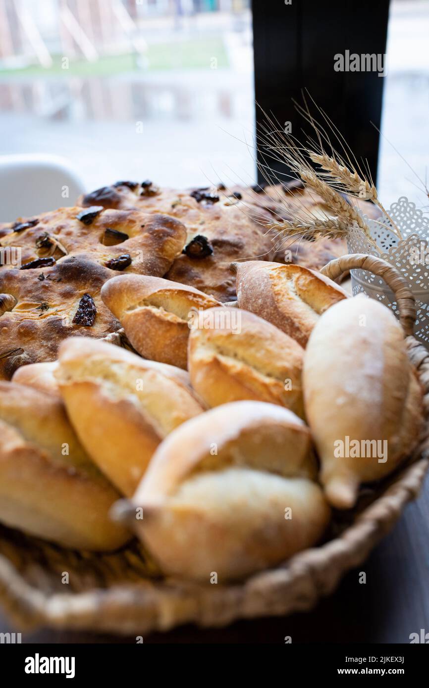 Ready-made La Ciriola romana bread on the counter at the artisan bakery ...