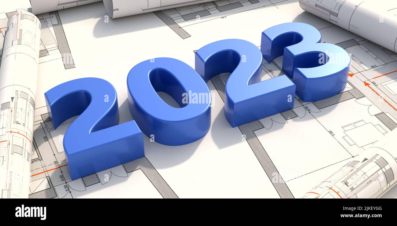 New year 2023 blue number on construction project blueprint. Architect ...