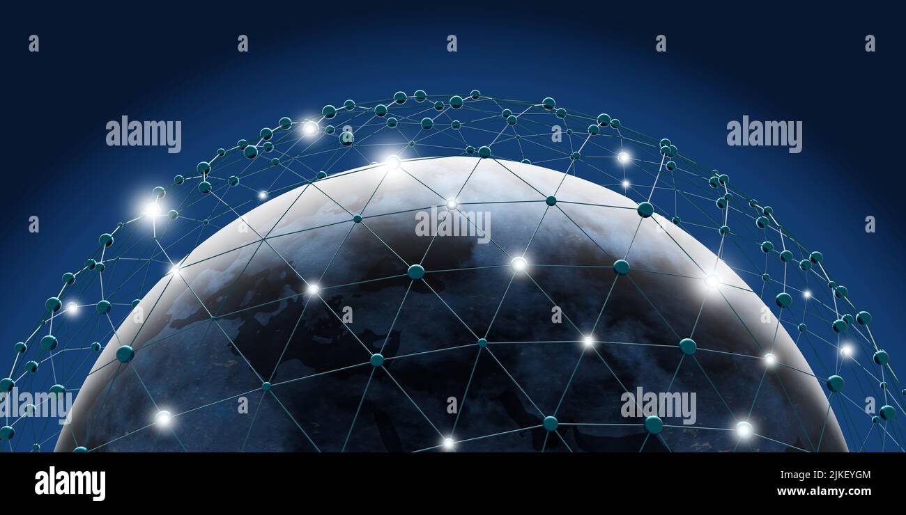 Global world network connection, communication. Dots and lines grid cover earth. 5G, digital ...
