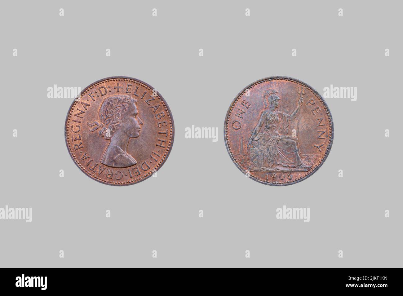 1966 Queen Elizabeth British One Penny coin, Front and Rear Stock Photo ...