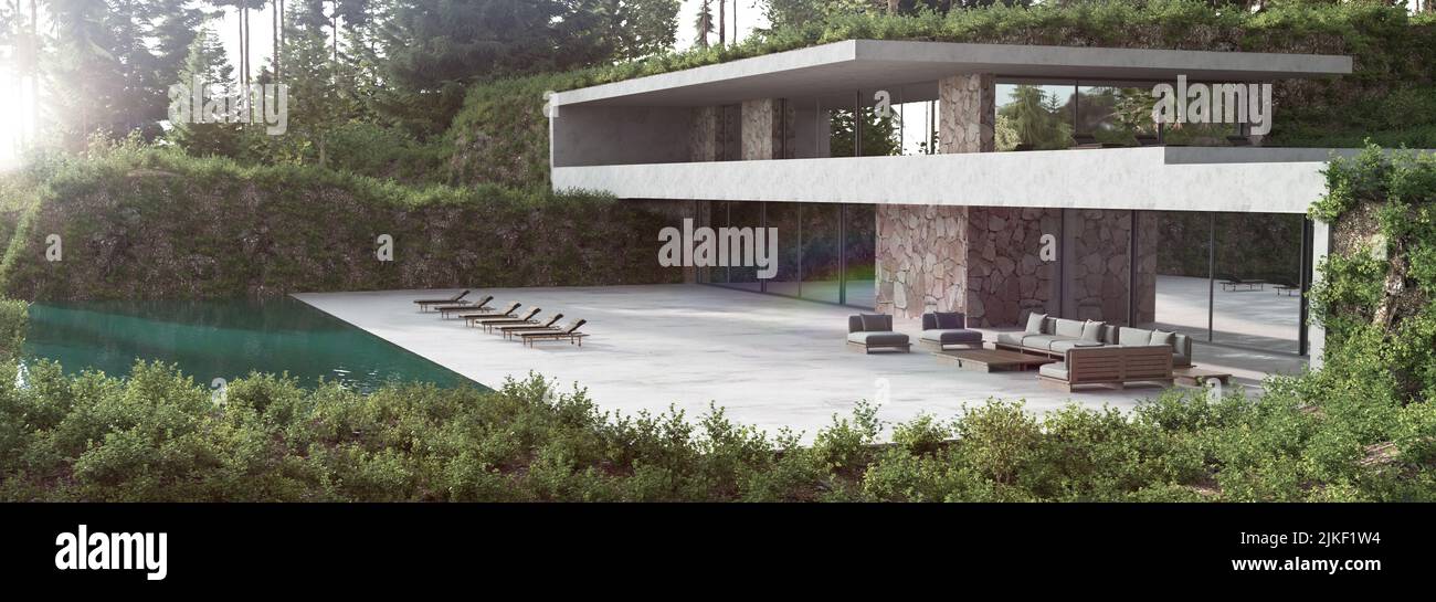 Modern facade house. Green nature view background. Minimal architecture ...