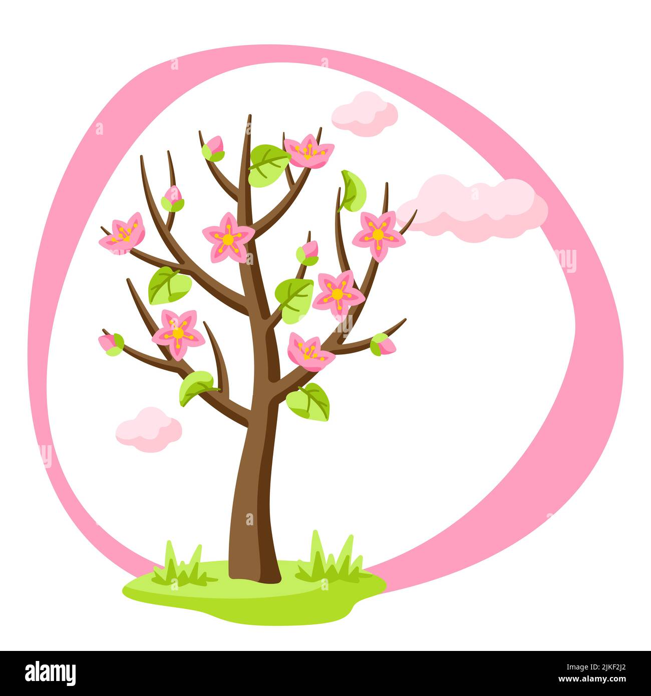 Spring tree with flowers and leaves. Seasonal nature illustration Stock ...