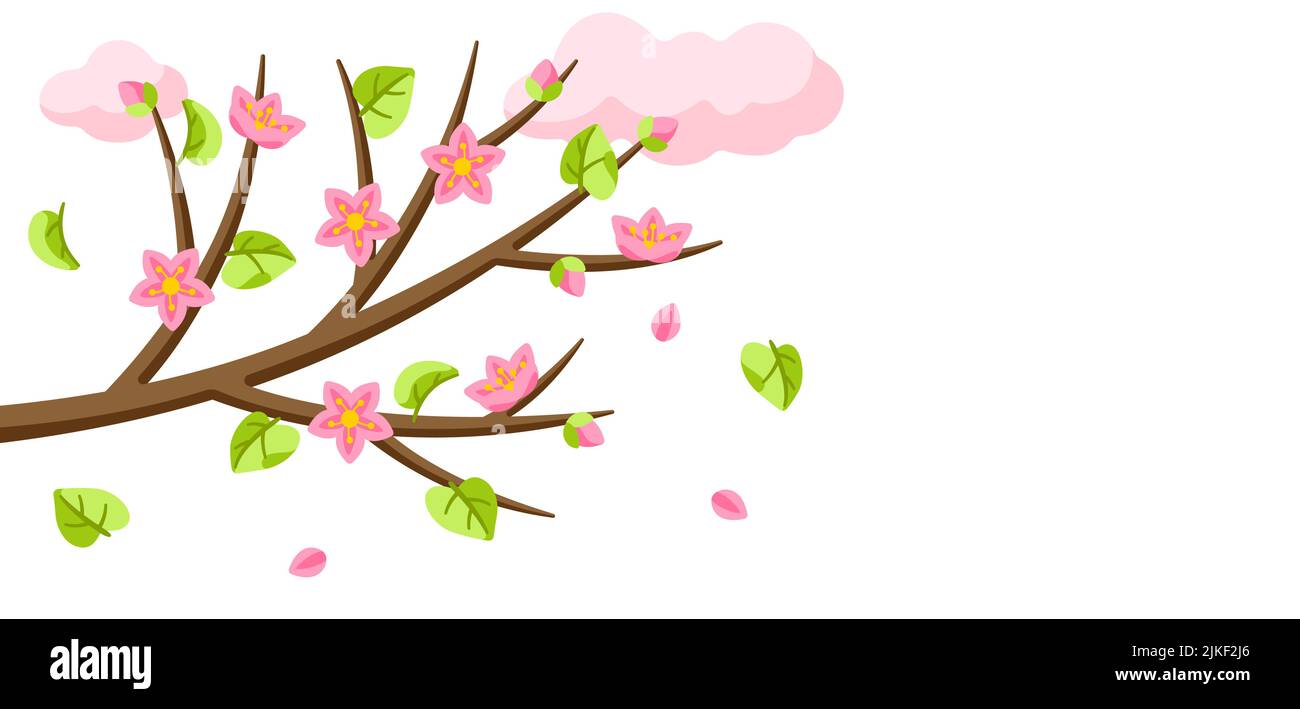 Spring tree branch with flowers and leaves. Seasonal nature ...